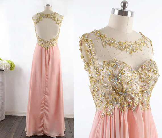 Coral Gold Backless Keyhole Prom Dress Long Chiffon Sheer A-line ...