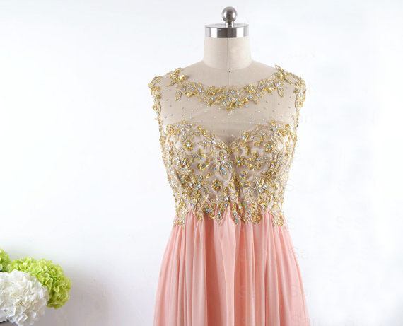 Coral Gold Backless Keyhole Prom Dress Long Chiffon Sheer A-line ...