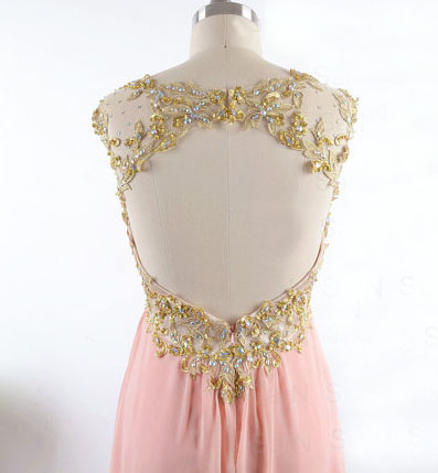 Coral Gold Backless Keyhole Prom Dress Long Chiffon Sheer A-line ...
